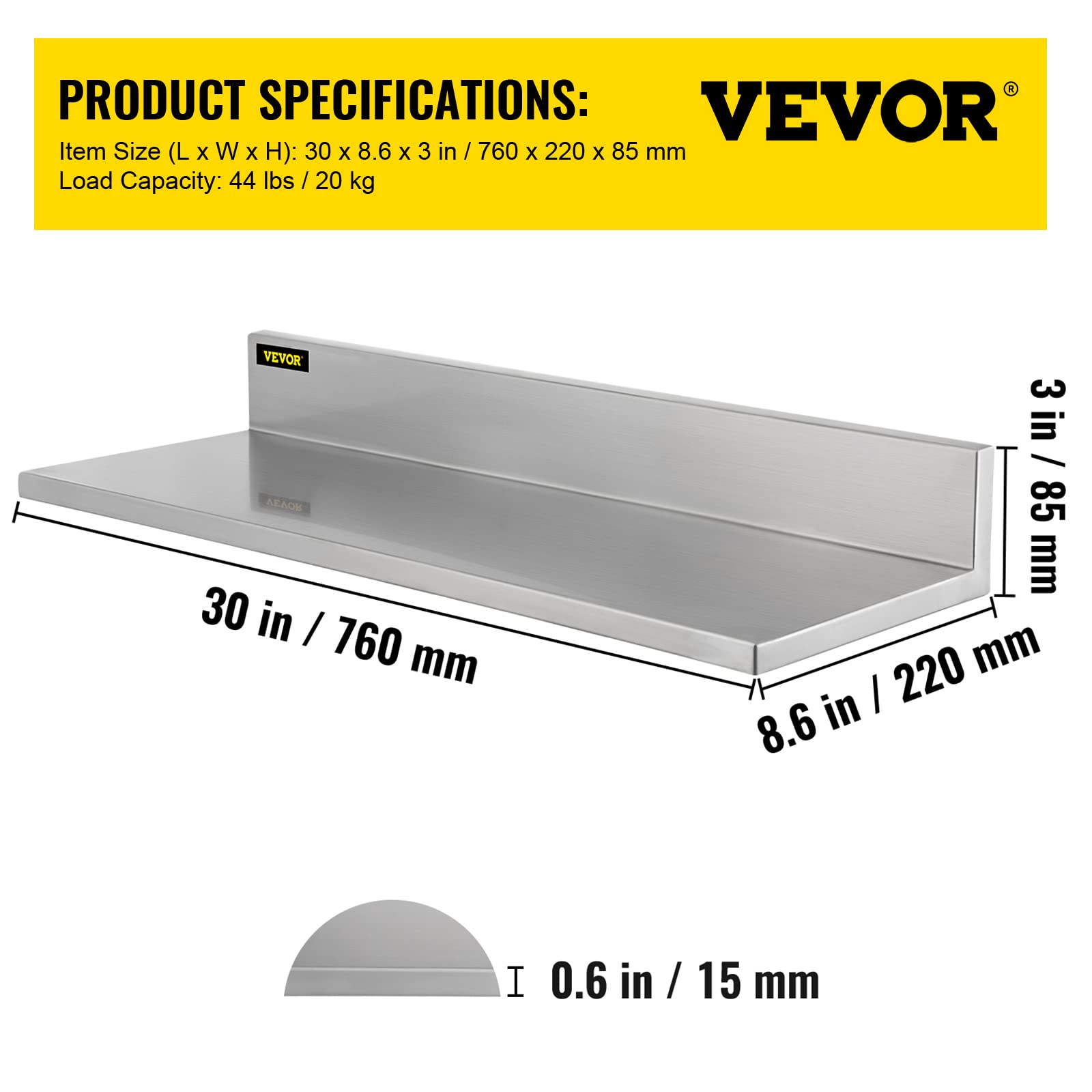 VEVOR Stainless Steel Shelf 8.6" x 30", 2PCS Wall Mounted Floating Shelving with Backsplash, 44 lbs Load Capacity Commercial Shelves, Heavy Duty Storage Rack, Restaurant Kitchen Bar Home Hotel