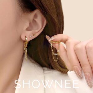 Shownee Tassel Chain Small Gold Hoop Dangle Earring For Women Huggie Earring Heart Star CZ 14K Gold Plated Fashion Jewelry Friendship Gift