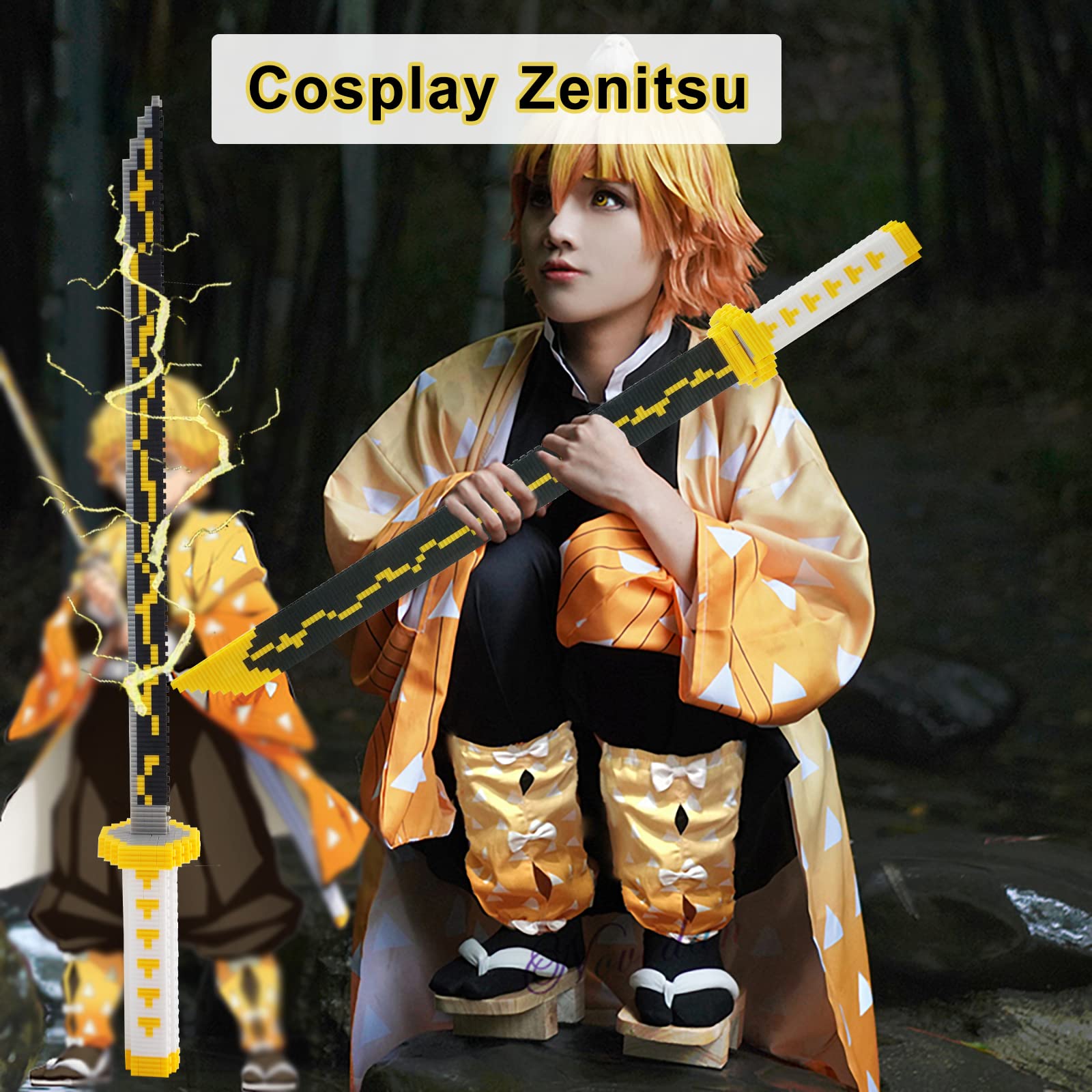 Anime Demon Slayer Sword Building Kit Set, 27.8in Cosplay Zenitsu Sword Building Blocks Toy Set with Scabbard and Stand, Samurai Katana Gift for Adults and Kids (1000+ Pieces)