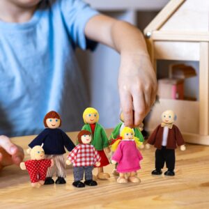 Jzszera Wooden Dollhouse Family Set of 7, Mini Figures for Pretend Play, Classic Doll House Accessories for Kids & Toddlers