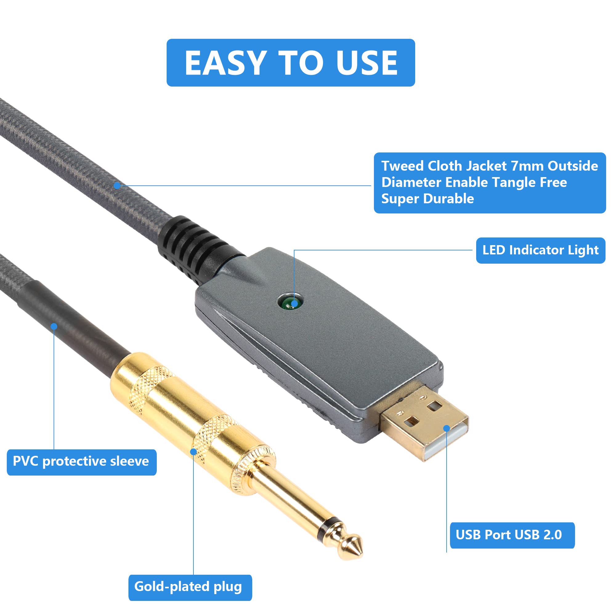 SinLoon USB Guitar Cable,10FT USB 2.0 Interface Male to 6.35mm (1/4inch) TS Mono Electric Guitar Converter Cable, Nylon Braid Recording Cable, for Instruments Recording Singing (USB to 6.35 Gold)