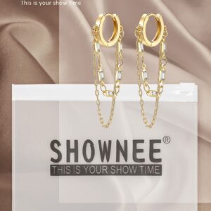 Shownee Tassel Chain Small Gold Hoop Dangle Earring For Women Huggie Earring Heart Star CZ 14K Gold Plated Fashion Jewelry Friendship Gift