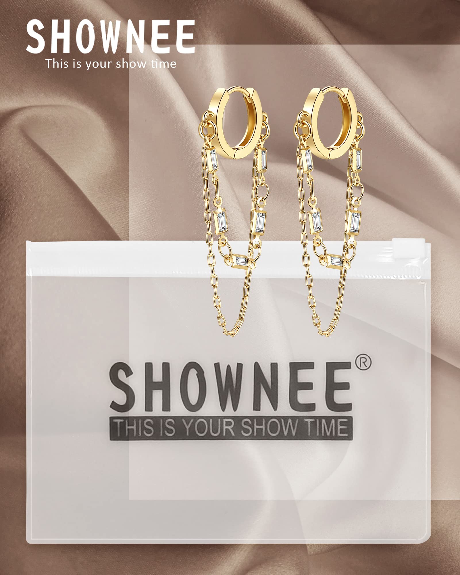 Shownee Tassel Chain Small Gold Hoop Dangle Earring For Women Huggie Earring Heart Star CZ 14K Gold Plated Fashion Jewelry Friendship Gift