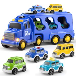 temi toddler truck toys for 3 4 5 6 7 year old boys - 5 pack carrier truck transport city vehicles toys, kids toys car for girls boys toddlers friction power set, push and go play vehicles toys