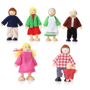 jzszera wooden dollhouse family set of 7, mini figures for pretend play, classic doll house accessories for kids & toddlers