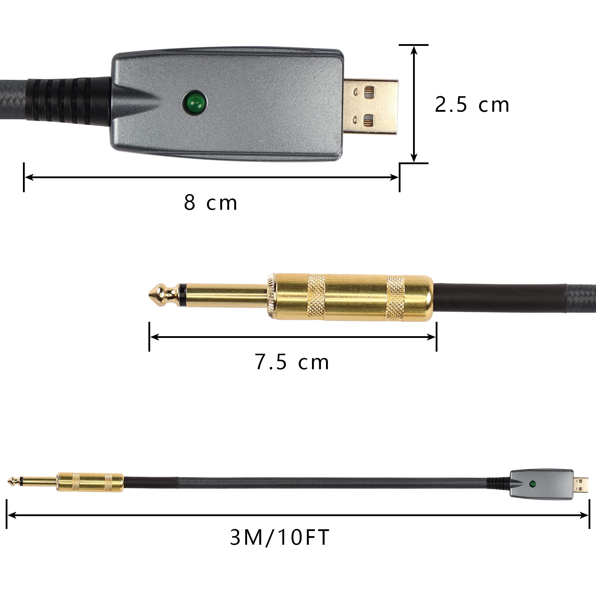 SinLoon USB Guitar Cable,10FT USB 2.0 Interface Male to 6.35mm (1/4inch) TS Mono Electric Guitar Converter Cable, Nylon Braid Recording Cable, for Instruments Recording Singing (USB to 6.35 Gold)