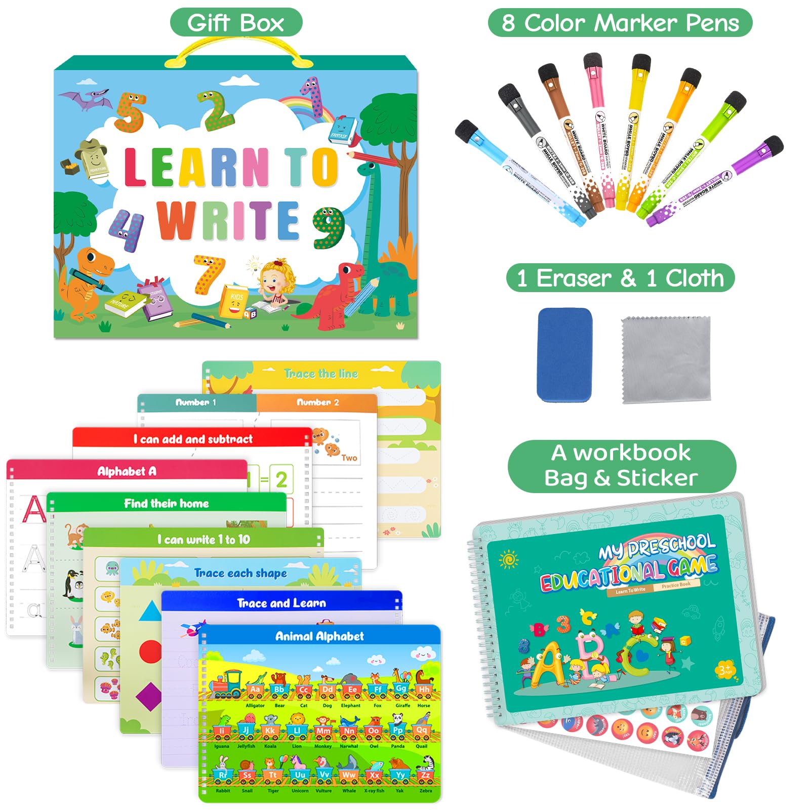 Kindergarten Learning Activities Learn to Write for Kid Age 3 4 5 Years Old, 40 Pages Preschool Handwriting Practice Number Letter Tracing Workbook, Toddler Dry Erase Homeschool Educational Toy