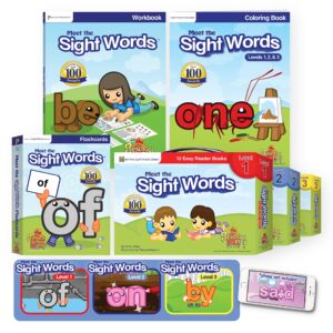 meet the sight words big set! bundle with levels 1, 2, & 3 easy reader books (3 boxed sets - 36 books), coloring book, workbook, flashcards & video downloads!