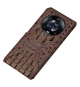 qichenlu 3d crocodile head pattern saddle brown genuine leather case designed for honor magic4 pro, business alligator texture real cowhide hard back cover shell with soft microfiber lining