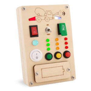 busy board montessori toys for 1 year old led button push toys light switch preschool learning toys wooden sensory toys for toddlers 1-3 baby gifts travel fidget toy (vehicle theme light toy)