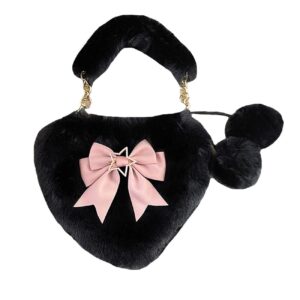 cute heart shape handbag faux fur clutch purse crossbody bag plush small chain shoulder bag for women ladies (black and pink)