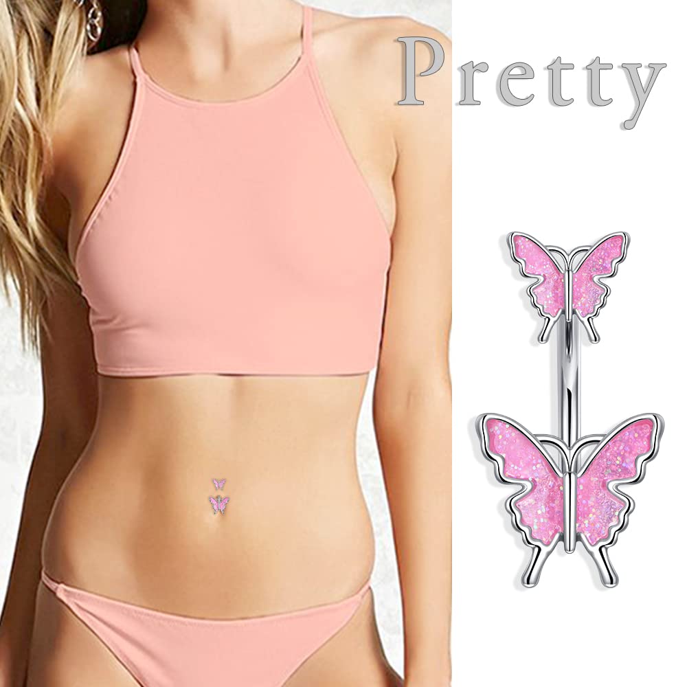 Anicina 14G Belly Button Ring Surgical Steel for Women Silver Navel Butterfly Flower Piercing Jewelry 10mm Curved Barbell Studs