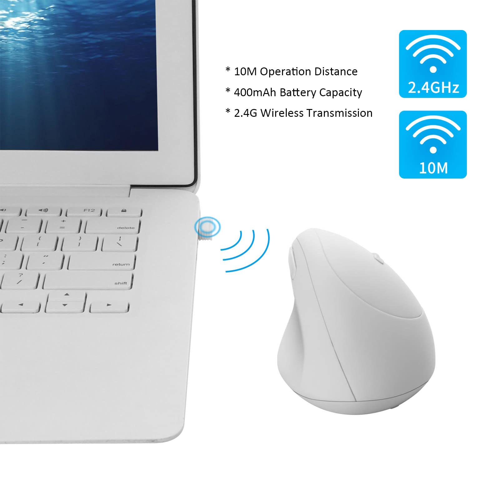 CHUYI Ergonomic Wireless Mouse, Vertical Rechargeable Wireless Mouse, 400mAh 800/1200/1600 DPI Portable Optical Cordless Mouse for PC Computer Laptop Office for Small Middle Right Hand (White)