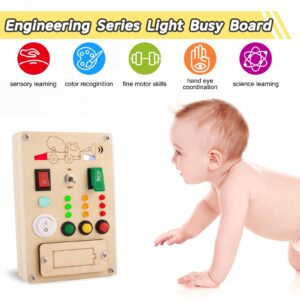 Busy Board Montessori Toys for 1 Year Old Led Button Push Toys Light Switch Preschool Learning Toys Wooden Sensory Toys for Toddlers 1-3 Baby Gifts Travel Fidget Toy (Vehicle Theme Light Toy)