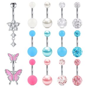 anicina 14g belly button ring surgical steel for women silver navel butterfly flower piercing jewelry 10mm curved barbell studs