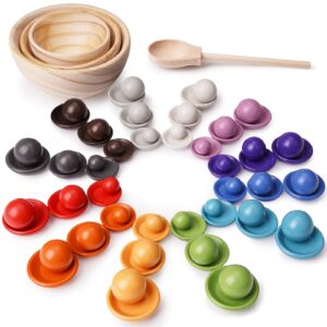 tengzhen montessori balls in dishes toy wooden color sorter game 36 balls 3 bowl color sorting and preschool learning education fine motor skill toys for toddlers counting toys(rainbow)