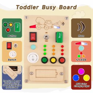 Busy Board Montessori Toys for 1 Year Old Led Button Push Toys Light Switch Preschool Learning Toys Wooden Sensory Toys for Toddlers 1-3 Baby Gifts Travel Fidget Toy (Vehicle Theme Light Toy)