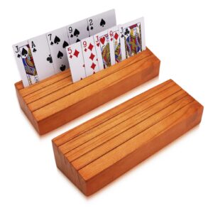 card deck stand set of 2, playing cards holder for kids elder, wood holder racks tray for organizing cards on game bridge card holders adults card deck for kids card tables for adults (orange)