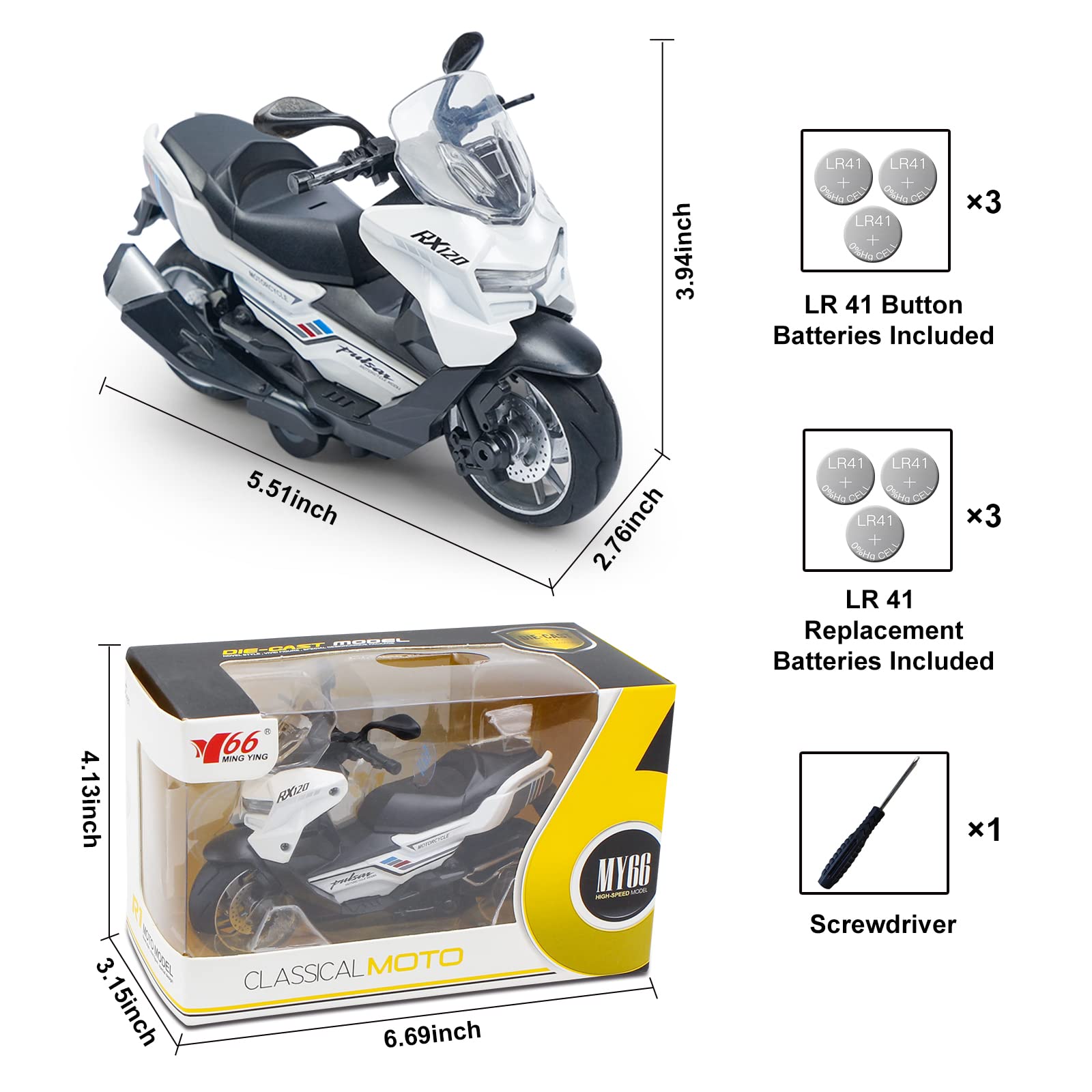 Diecast Motorcycle Model - Toy Motorcycle with Sound and Light for Kids Age 3 Year. Motorcycle Toys for Kids, Adults, and Boys (White)