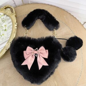 Cute Heart Shape Handbag Faux Fur Clutch Purse Crossbody Bag Plush Small Chain Shoulder Bag for Women Ladies (Black and pink)