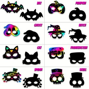 Magic Masks, 8PCS Rainbow Scratch Paper Halloween Masks DIY Art Craft Kit Ghost Skeleton Cat Witch Pumpkin Bat Spider Mask Decorations for Kids Birthday Party Halloween Cosplay Creative Gift