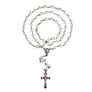 flafary rosary set, first communion rosary for girls and boys, rosary beads catholic for men, women and kids packed in transparent plastic bag, grandmother, elders(white)