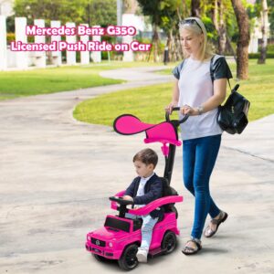 Costzon Push Car for Toddlers, 3 in 1 Mercedes Benz Stroller Sliding Walking Car w/Canopy, Handle, Armrest Guardrail, Underneath Storage, Horn Sound, Foot-to-Floor Ride On Toy for Boys Girls (Pink)