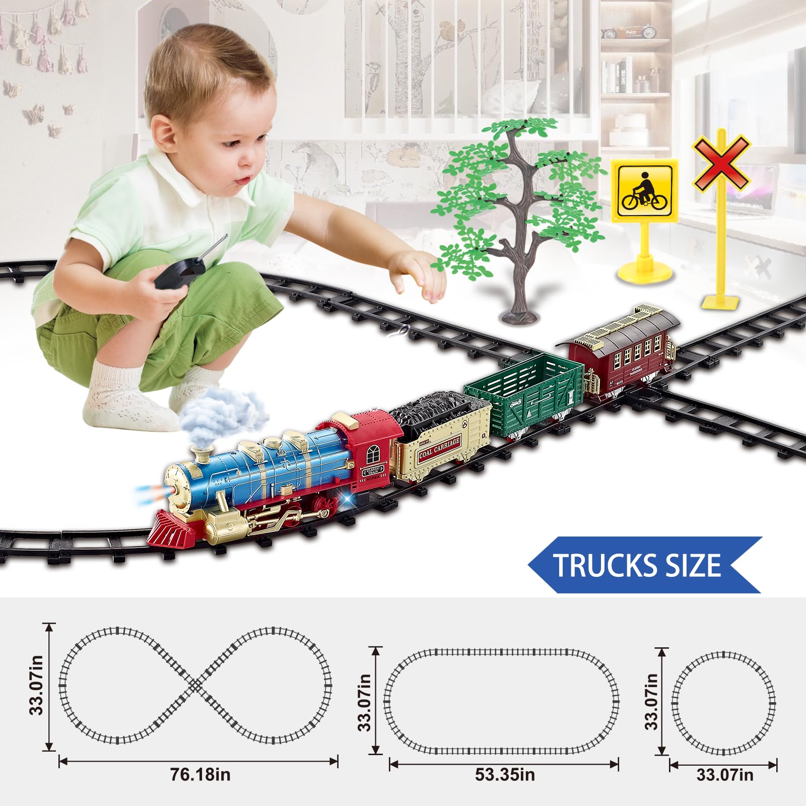 JUQU Train Set for Boys -Remote Control Train Toys-Electric Train w/Smokes, Steam Locomotive w/Lights & Sound, Cargo Car and Tracks, Rechargeable Battery Christmas Toy Train for Age 3 4 5 6 7 8+ Kids