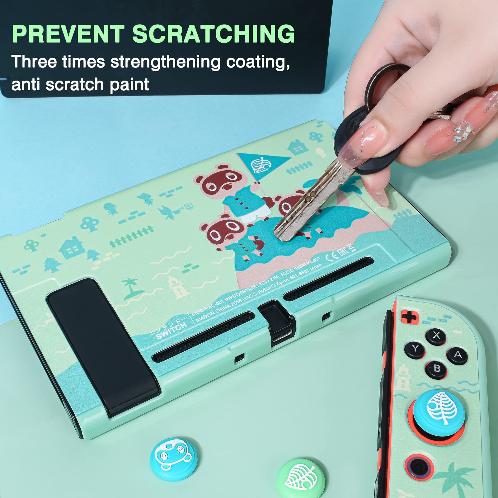 DLseego Protective Case Design for Switch Model, Newest Pattern Animal Crossing Design Cover Case with 2 Pcs Glass Screen Protectors and 4 Pcs Cute Thumb Grip Caps Green Accessories Set