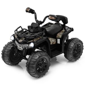 costzon kids atv, 12v battery powered electric vehicle w/music, headlights, mp3, spring suspension, high & low speed, treaded tires, storage basket, ride on 4 wheeler quad for 3-8 years old (black)