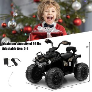 Costzon Kids ATV, 12V Battery Powered Electric Vehicle w/Music, Headlights, MP3, Spring Suspension, High & Low Speed, Treaded Tires, Storage Basket, Ride on 4 Wheeler Quad for 3-8 Years Old (Black)