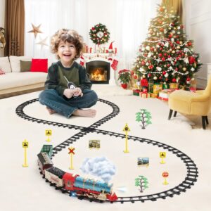 JUQU Train Set for Boys -Remote Control Train Toys-Electric Train w/Smokes, Steam Locomotive w/Lights & Sound, Cargo Car and Tracks, Rechargeable Battery Christmas Toy Train for Age 3 4 5 6 7 8+ Kids