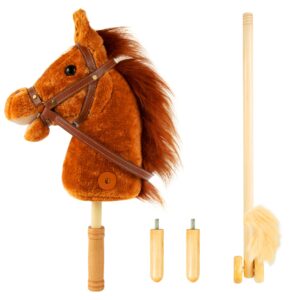 Morytale Stick Hobby Horse Riding Toy, Plush Stick Horse for Toddlers Ages 3+, Horses Ride on Toy Fun Pretend Play with Wooden Wheels and Real Pony Clip-Clop Sounds 39 Inches-Light Brown