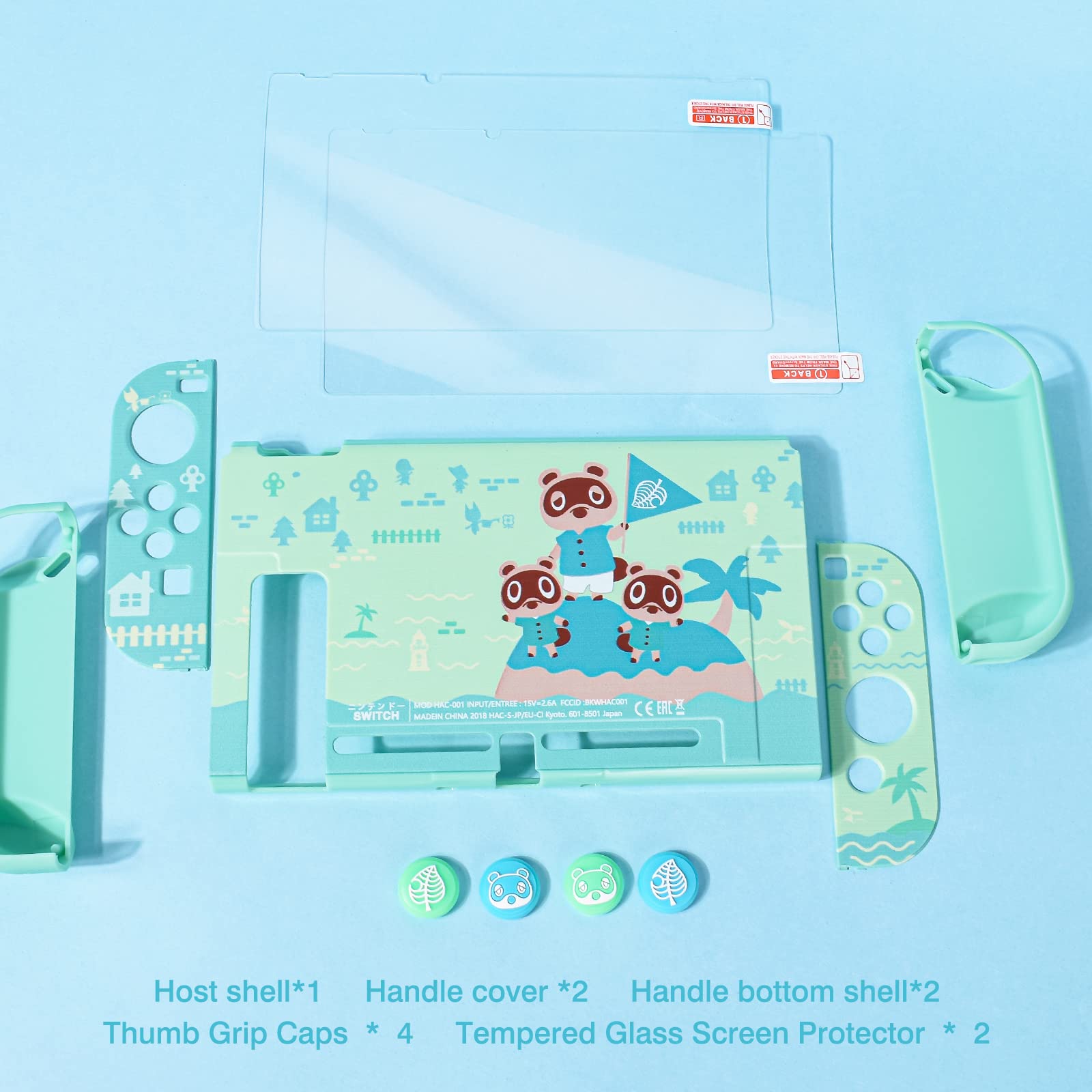 DLseego Protective Case Design for Switch Model, Newest Pattern Animal Crossing Design Cover Case with 2 Pcs Glass Screen Protectors and 4 Pcs Cute Thumb Grip Caps Green Accessories Set