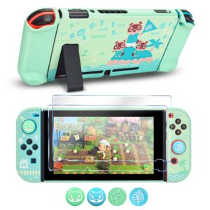 dlseego protective case design for switch model, newest pattern animal crossing design cover case with 2 pcs glass screen protectors and 4 pcs cute thumb grip caps green accessories set