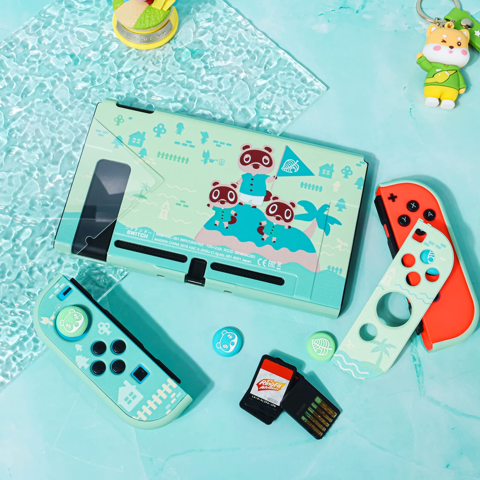 DLseego Protective Case Design for Switch Model, Newest Pattern Animal Crossing Design Cover Case with 2 Pcs Glass Screen Protectors and 4 Pcs Cute Thumb Grip Caps Green Accessories Set