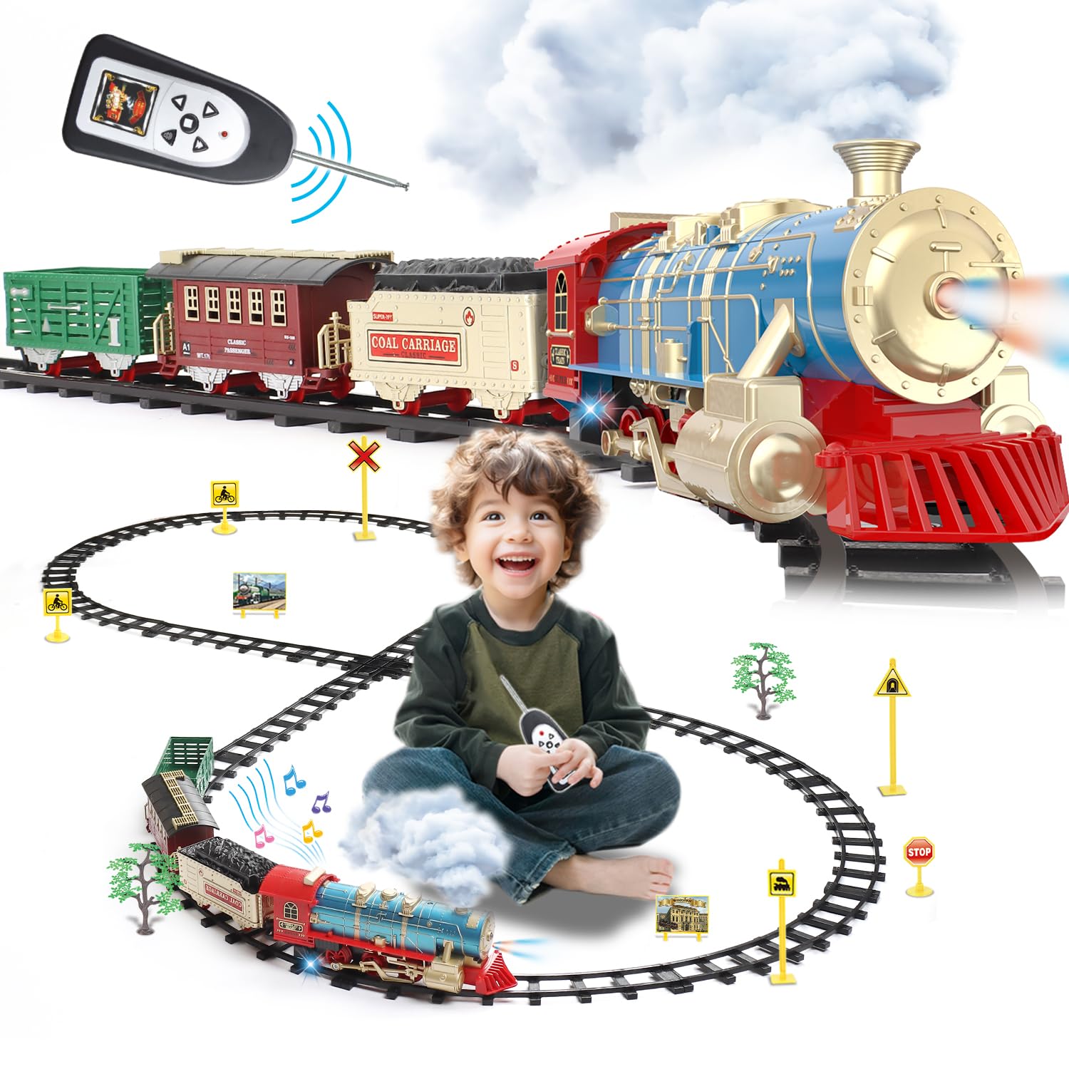 JUQU Train Set for Boys -Remote Control Train Toys-Electric Train w/Smokes, Steam Locomotive w/Lights & Sound, Cargo Car and Tracks, Rechargeable Battery Christmas Toy Train for Age 3 4 5 6 7 8+ Kids