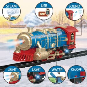 JUQU Train Set for Boys -Remote Control Train Toys-Electric Train w/Smokes, Steam Locomotive w/Lights & Sound, Cargo Car and Tracks, Rechargeable Battery Christmas Toy Train for Age 3 4 5 6 7 8+ Kids