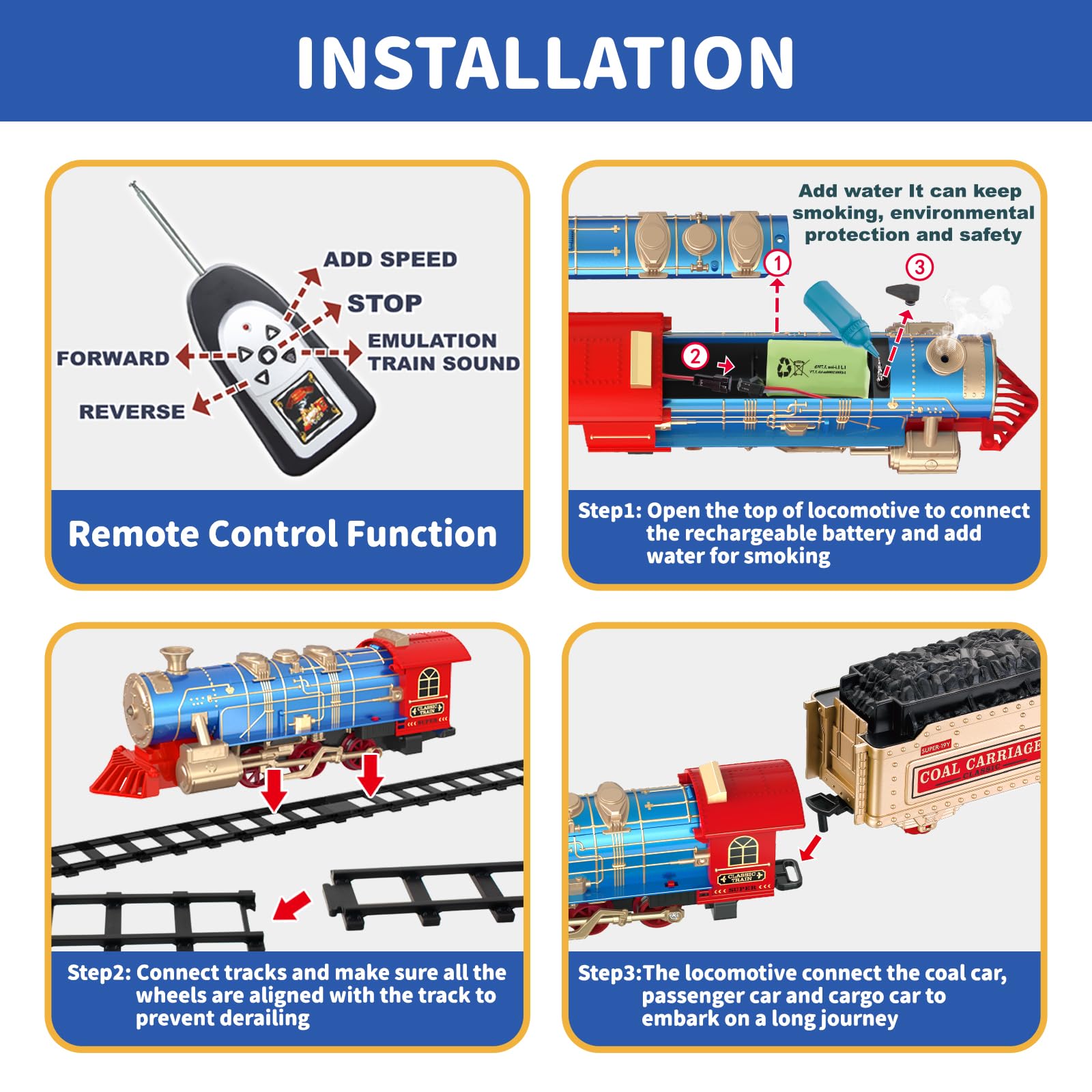 JUQU Train Set for Boys -Remote Control Train Toys-Electric Train w/Smokes, Steam Locomotive w/Lights & Sound, Cargo Car and Tracks, Rechargeable Battery Christmas Toy Train for Age 3 4 5 6 7 8+ Kids