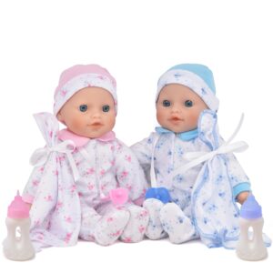 gift boutique soft body twin baby dolls for toddlers in gift box, 12 inch baby doll with pacifier, baby girl doll and baby boy doll