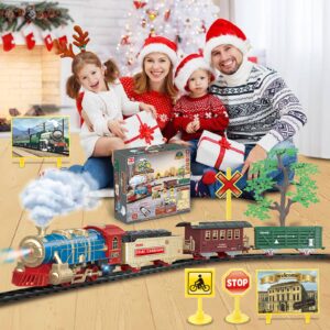 JUQU Train Set for Boys -Remote Control Train Toys-Electric Train w/Smokes, Steam Locomotive w/Lights & Sound, Cargo Car and Tracks, Rechargeable Battery Christmas Toy Train for Age 3 4 5 6 7 8+ Kids