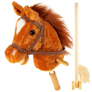 morytale stick hobby horse riding toy, plush stick horse for toddlers ages 3+, horses ride on toy fun pretend play with wooden wheels and real pony clip-clop sounds 39 inches-light brown