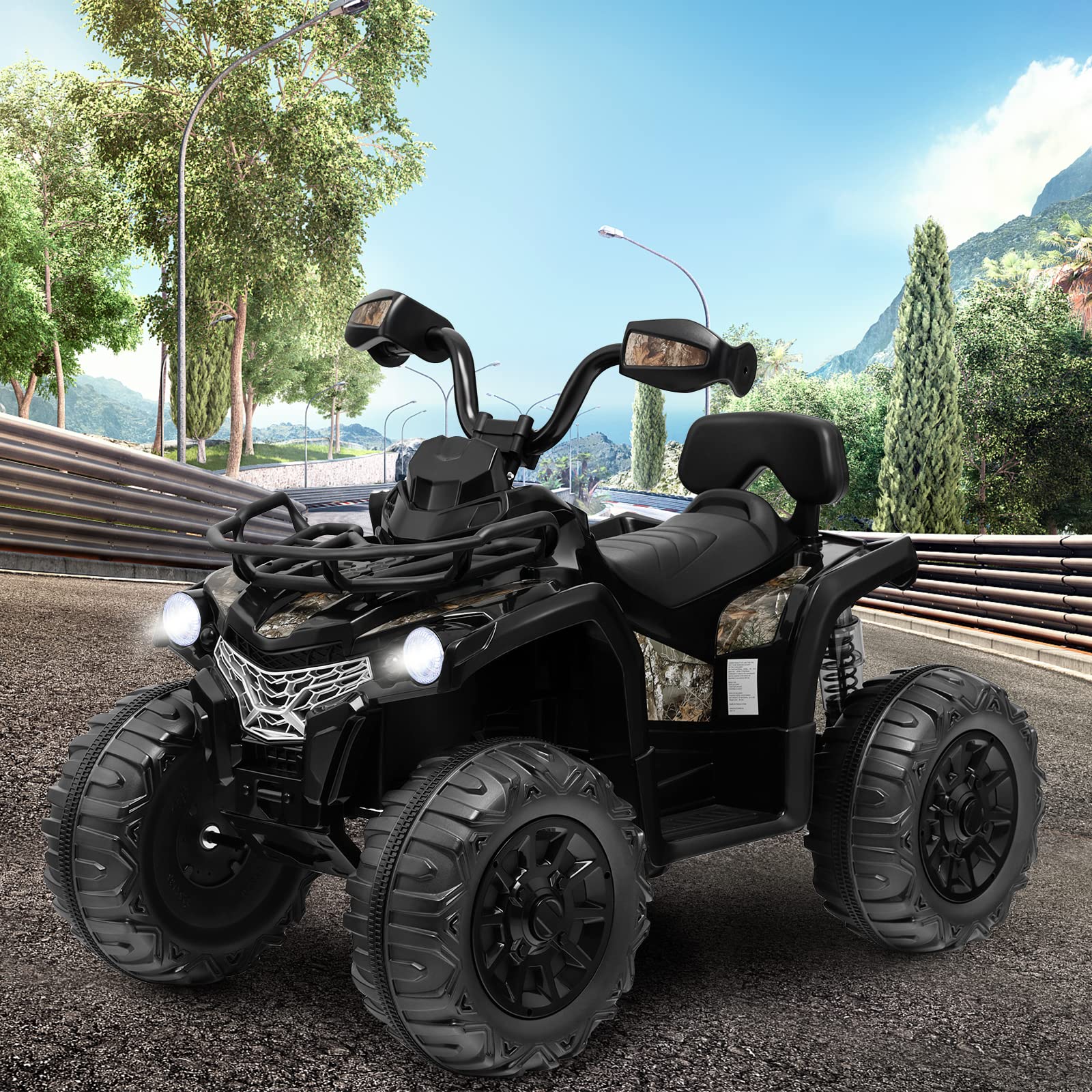 Costzon Kids ATV, 12V Battery Powered Electric Vehicle w/Music, Headlights, MP3, Spring Suspension, High & Low Speed, Treaded Tires, Storage Basket, Ride on 4 Wheeler Quad for 3-8 Years Old (Black)