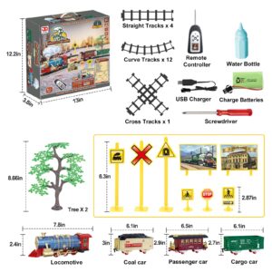 JUQU Train Set for Boys -Remote Control Train Toys-Electric Train w/Smokes, Steam Locomotive w/Lights & Sound, Cargo Car and Tracks, Rechargeable Battery Christmas Toy Train for Age 3 4 5 6 7 8+ Kids