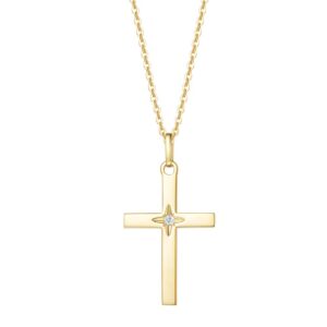 fancime 14k solid real yellow gold star natural diamond 0.025ct cross crucifix delicate necklace dainty pendant fine jewelry birthday gifts for women, with 16+2" solid gold cable chain