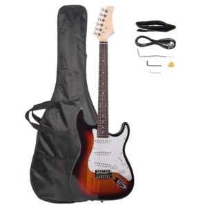 39 inch rosewood fingerboard electric guitar,electric guitar beginner kit solid body full size pick up for starter, with bag, picks, capo, strap, cord,allen wrench, tremolo arm (sunset color)