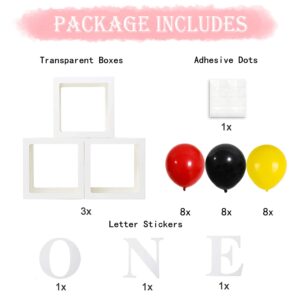 First Birthday Decorations for Boy Girls, ONE Balloon Boxes with Red Yellow and Black Balloons, ONE Blocks for Cartoon Mouse Race Car Theme Baby 1st Birthday Backdrop, Cake Smash Photo Props