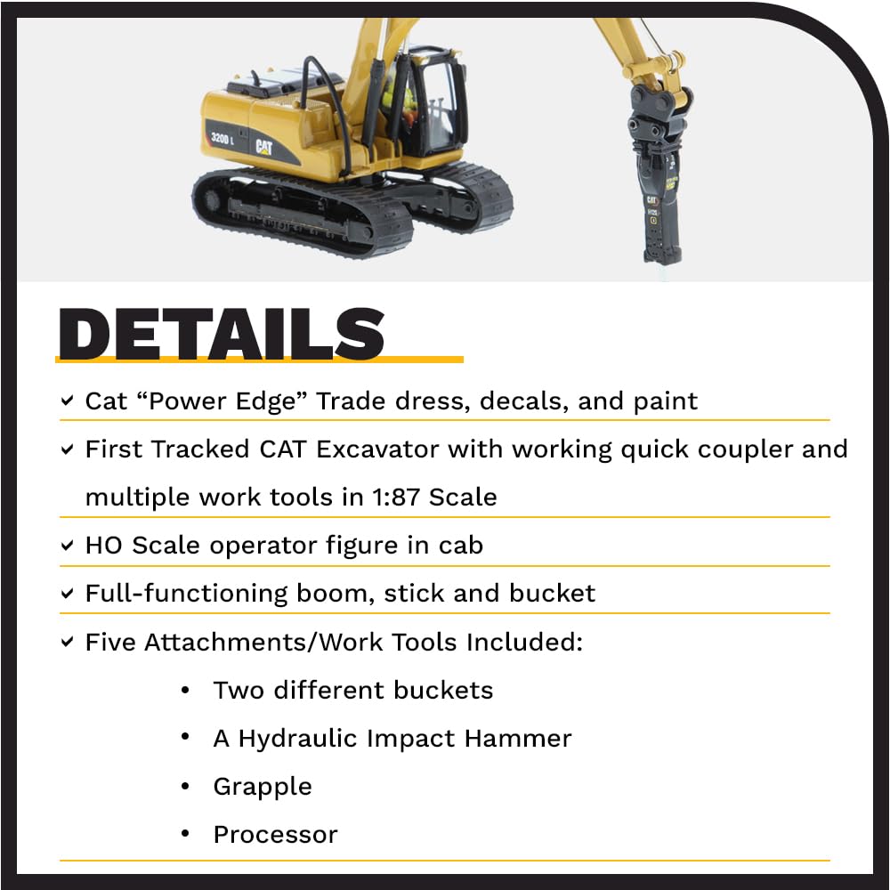 Diecast Masters 1:87 Caterpillar 320D L Hydraulic Excavator & Work Tools, HO Scale Series Cat Trucks & Construction Equipment |1:87 Scale Model Diecast Collectible Model 85652