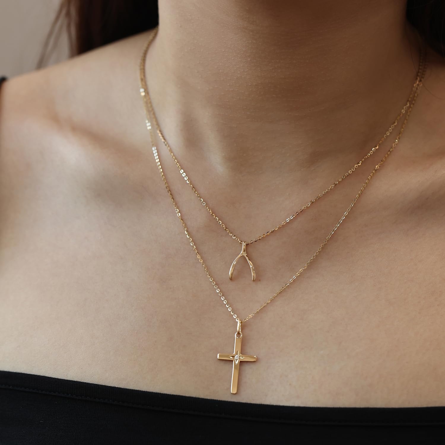 FANCIME 14K SOLID REAL Yellow Gold Star Natural Diamond 0.025ct Cross Crucifix Delicate Necklace Dainty Pendant Fine Jewelry Birthday Gifts For Women, With 16+2" Solid Gold Cable Chain