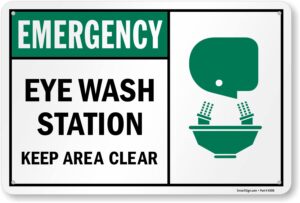 smartsign 12 x 18 inch “emergency eye wash station - keep area clear“ sign with graphic, digitally printed, 55 mil hdpe plastic, black, green and white, made in usa